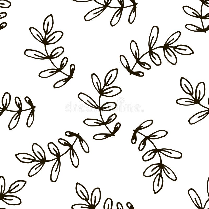 Cute Floral Seamless Pattern with Thin Line Black Doodle Branches and ...