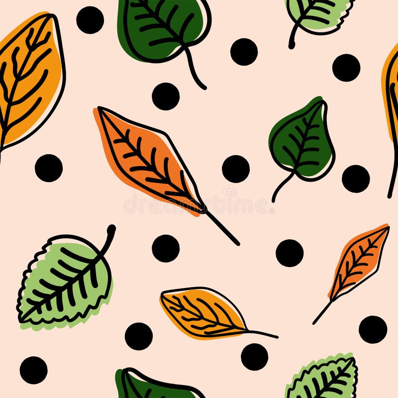 Seamless Pattern with Leaves and Dots Drawn by Hand. Doodle, Sketch ...