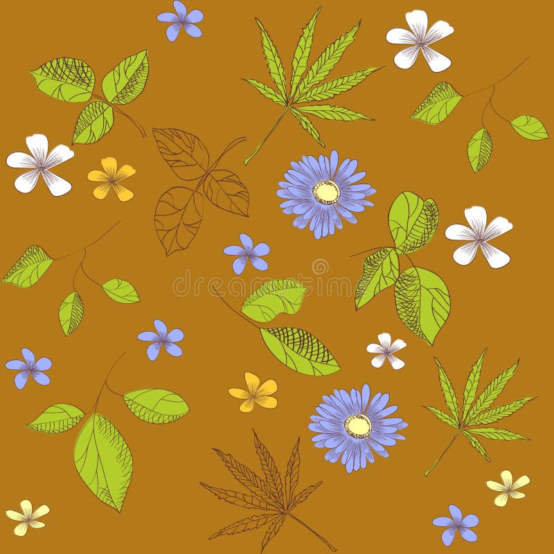 Seamless Pattern with Leaves and Flowers Stock Vector - Illustration of ...