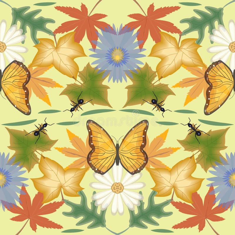 Seamless Pattern with Leaves, Flowers and Insects Stock Vector ...