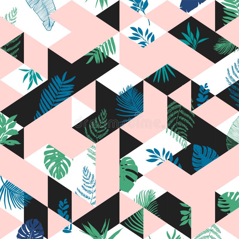 Seamless Pattern with Leaves and Geometric Shapes Stock Vector ...