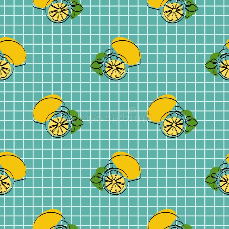 Seamless Pattern with Lemon on Blue Background. Continuous One Line ...
