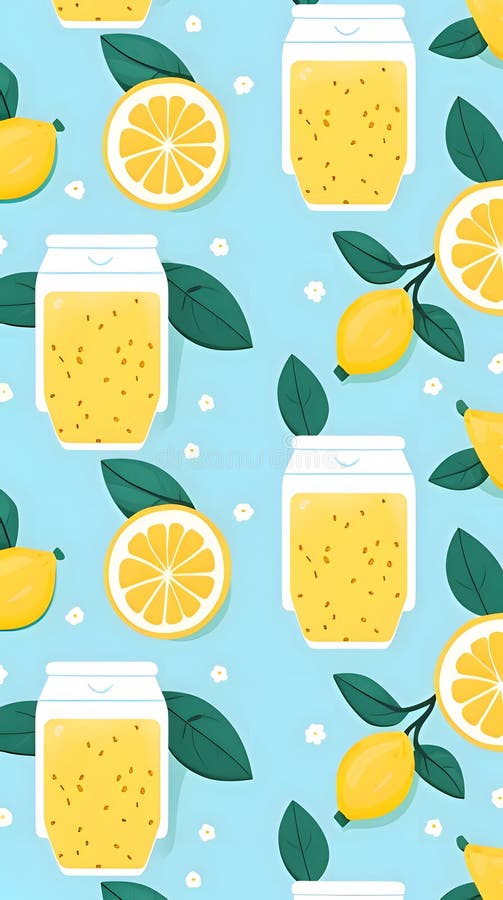 Seamless Pattern with Lemon Jam in Jar and Lemons on Blue Background ...