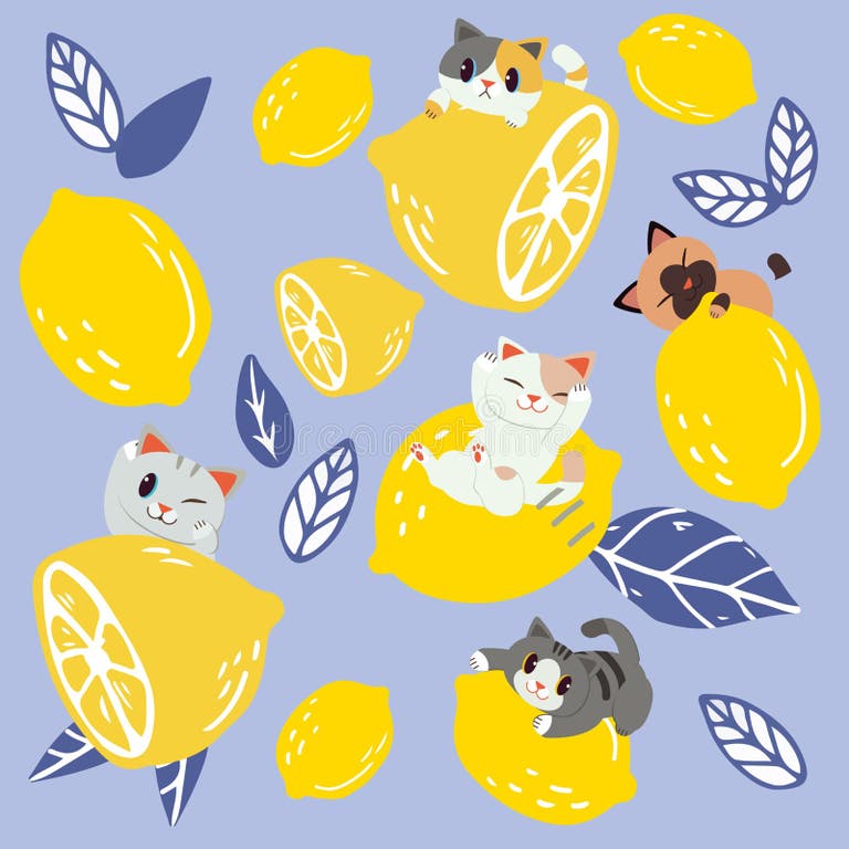 The Seamless Pattern of Lemon and Leaf with a Group of Cat. the Part of ...