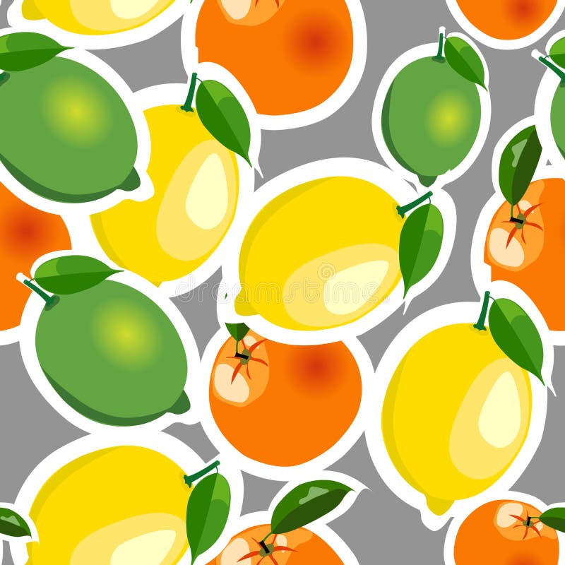 Seamless Pattern with Lemon, Orange, Lime Stickers. Fruit on a Gray ...