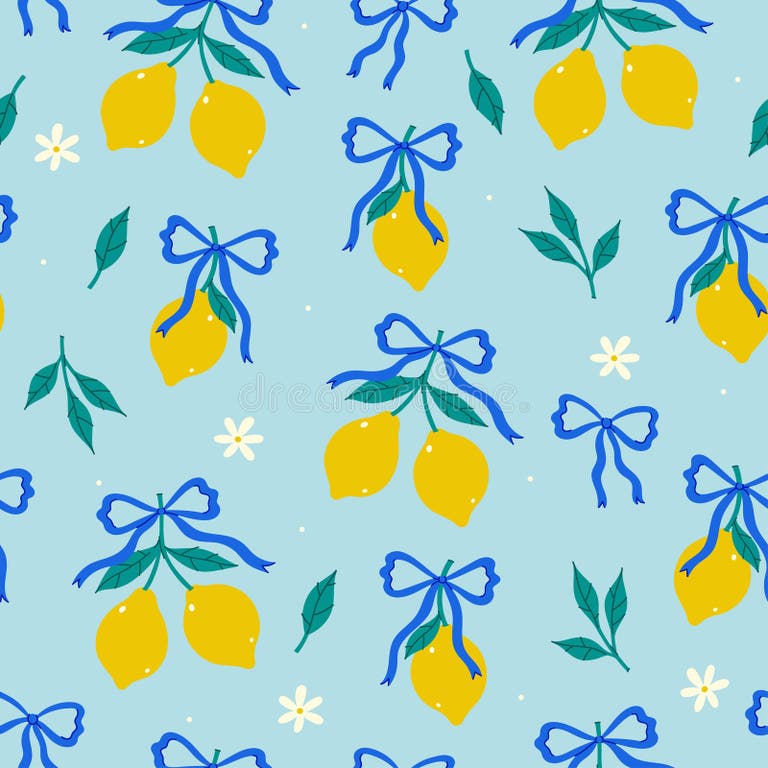 Seamless Pattern with Lemons and Blue Ribbons on a Light Blue ...