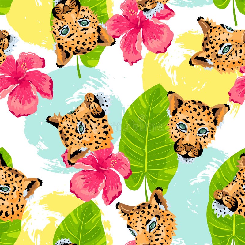Seamless Pattern with Leopards, Tropical Leaf and Flower Stock Vector ...