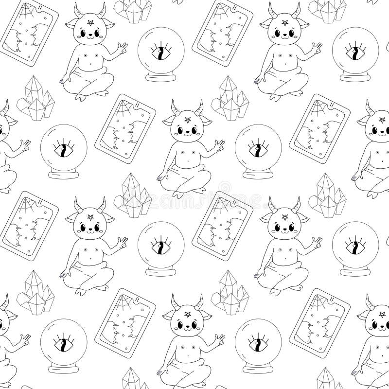 Seamless Pattern, Line Art, Satan Cute Ocultism Magic Stock Vector ...