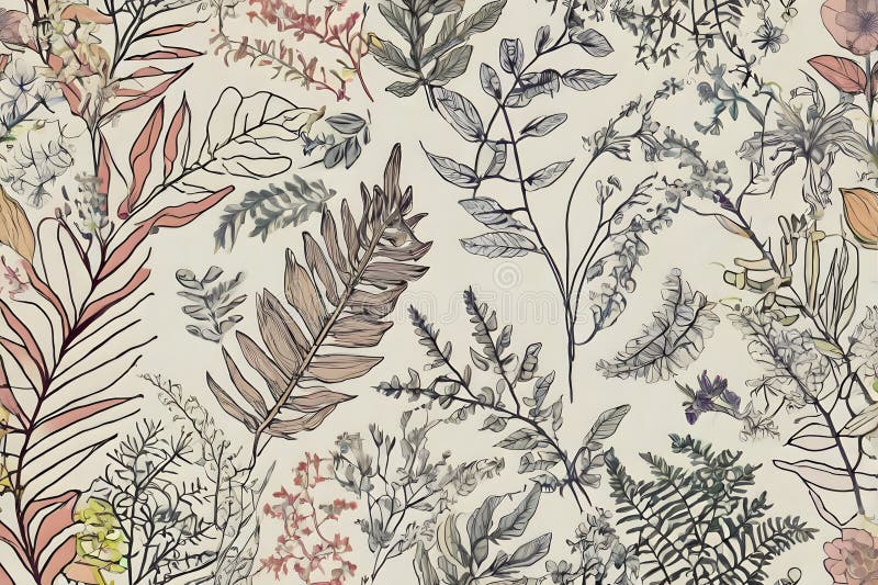 A Seamless Pattern Line Art of Various Botanical Elements Leaves, Ferns ...