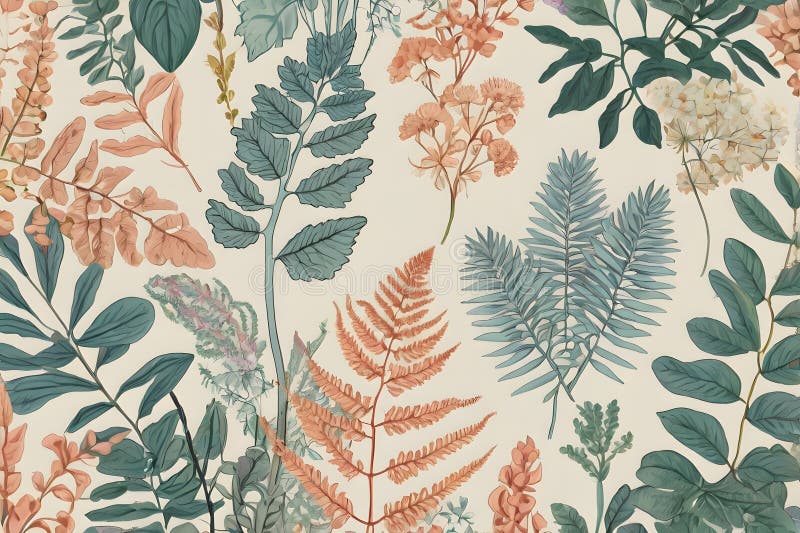 A Seamless Pattern Line Art of Various Botanical Elements Leaves, Ferns ...