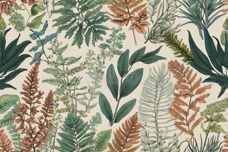 A Seamless Pattern Line Art of Various Botanical Elements Leaves, Ferns ...