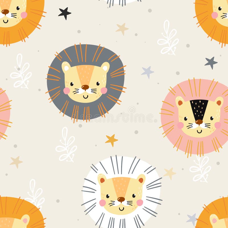 Seamless Pattern with Lion. Cute Little Lion Cartoon Style. Vector ...