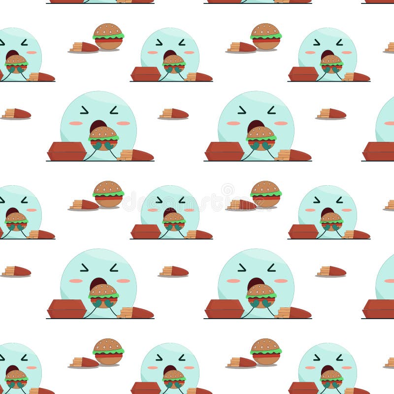 Seamless Pattern Little Blue Ghost with Appetite Eats Burger and Fries ...