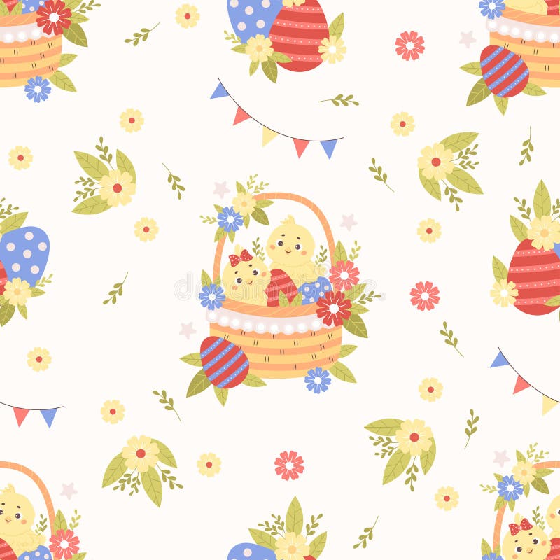 Seamless Pattern with Little Cute Chicks in Easter Basket with Eggs and Flowers on White ...