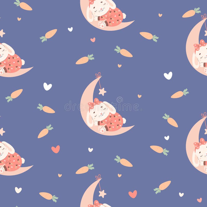 Seamless Pattern with Little Sleeping Bunny with Pajamas on Moon on ...