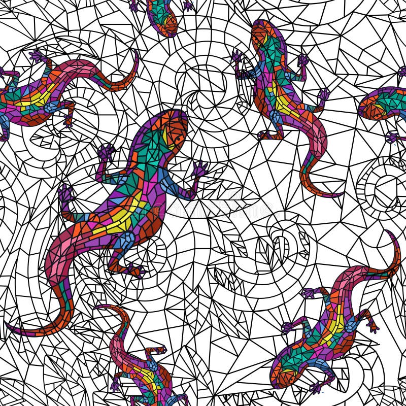 Seamless Pattern with Lizards in Mosaic Style. Stained Glass with ...