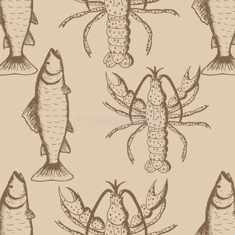 Seamless Pattern with Lobsters and Fish on Beige Background Stock ...