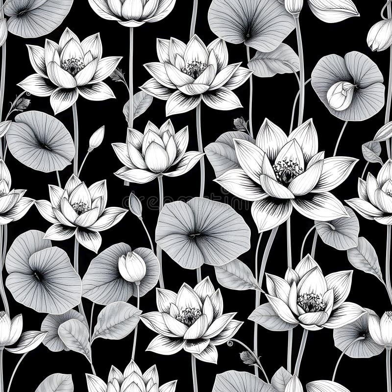 Seamless Pattern with Lotus Flowers. Black and White Vector ...