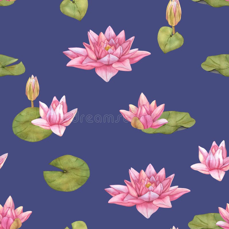 Seamless Pattern Lotus Flowers and Buds with Green Leaves on Blue ...