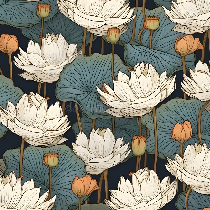 Seamless Pattern with Lotus Flowers. Hand Drawn Vector Illustration ...