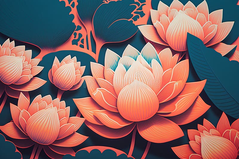 Seamless Pattern with Lotus Flowers and Leaves. Vector Illustration ...