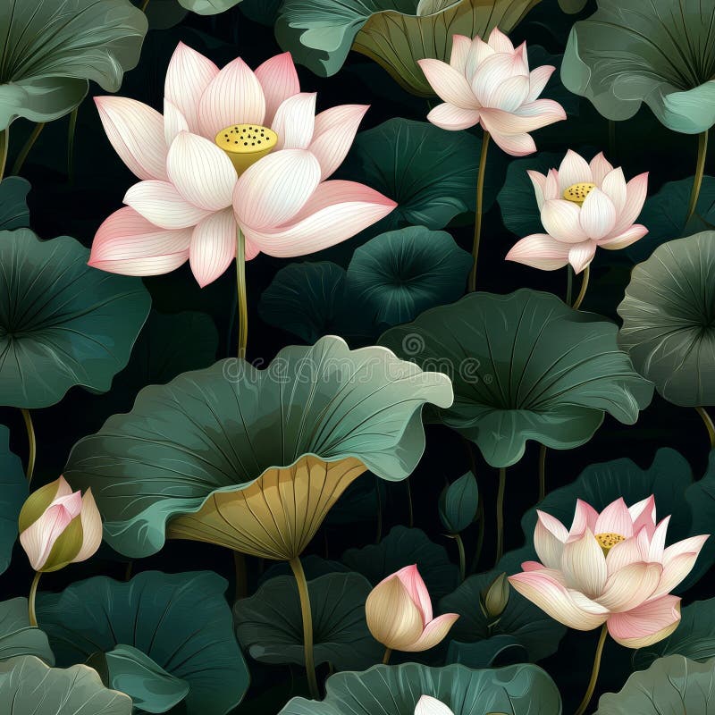 Seamless Pattern with Lotus Flowers and Leaves. Vector Illustration ...