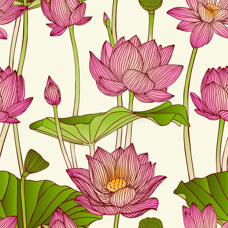 Seamless Pattern - Lotus Flowers Stock Vector - Illustration of vintage ...