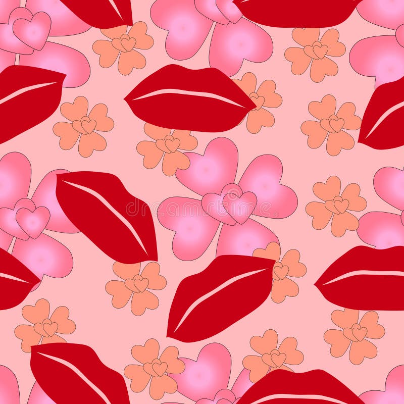 Seamless Pattern of Loving Hearts and Lips of Valentine`s Day Stock ...