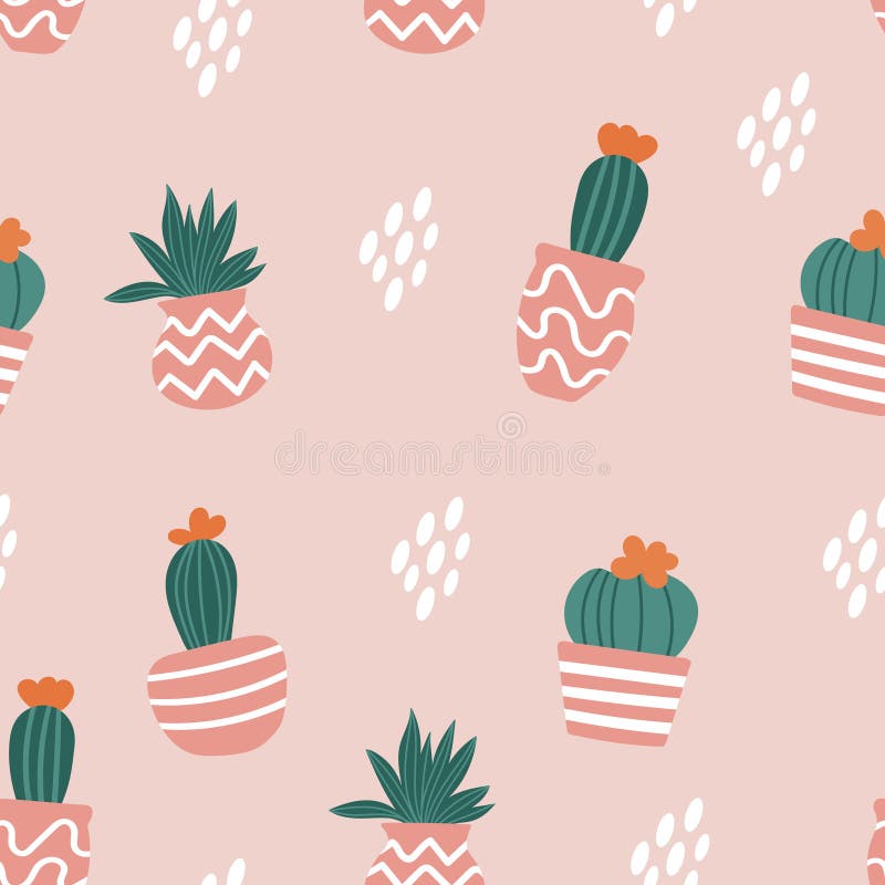 Seamless Pattern Made with Cute Cacti in Pink Pots Stock Vector ...