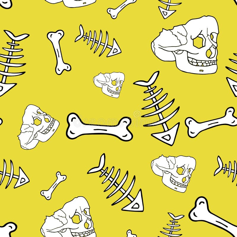 Seamless Pattern Made of Skulls and Bones in Engravig Style on Yellow ...