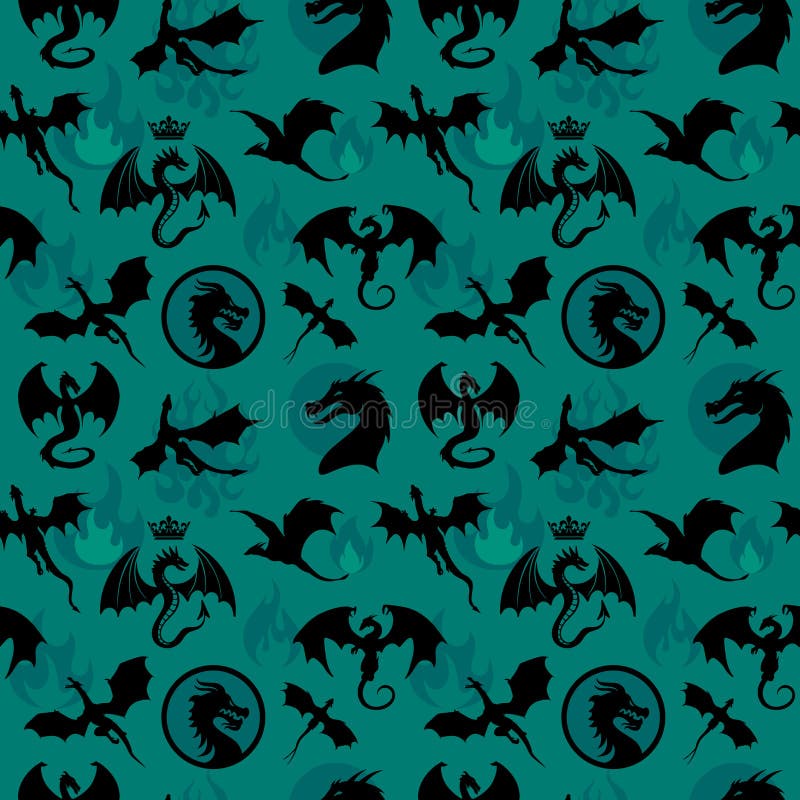 Seamless Pattern Made Up of Dragons, Wyverns and Fire on the Blue ...