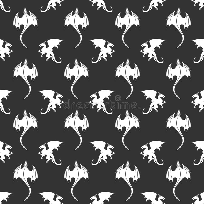 Seamless Pattern Made Up of White Dragons and Wyverns on the Black ...