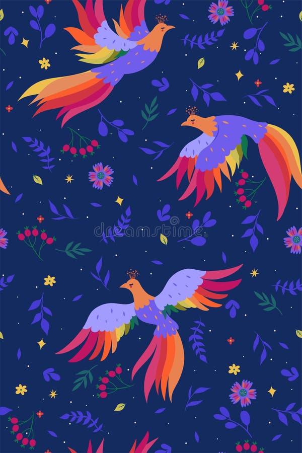 Seamless Pattern with Magic Birds on a Blue Background. Vector Graphics ...