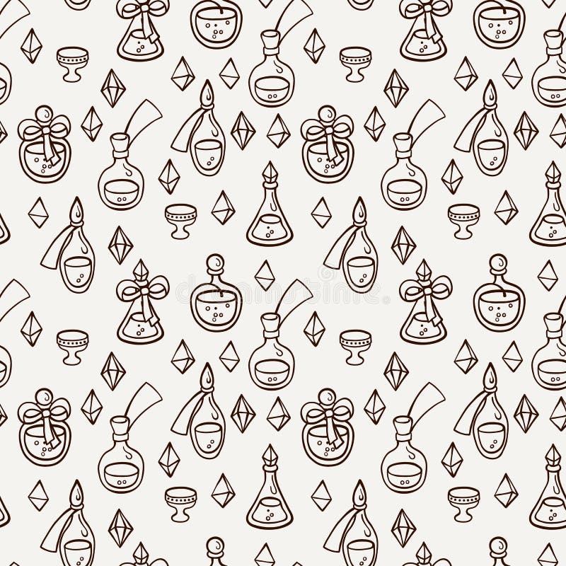 Seamless Pattern with Magic Glass Flasks. Science Potions Doodle Style ...