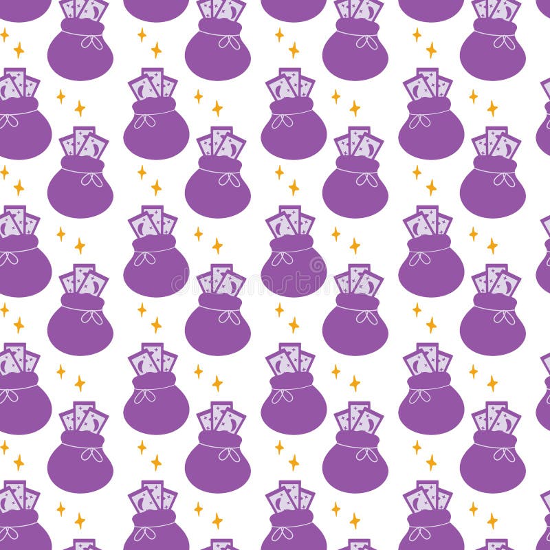 Seamless Pattern of Magic Pouch with Tarot Cards and Decorative Stars ...