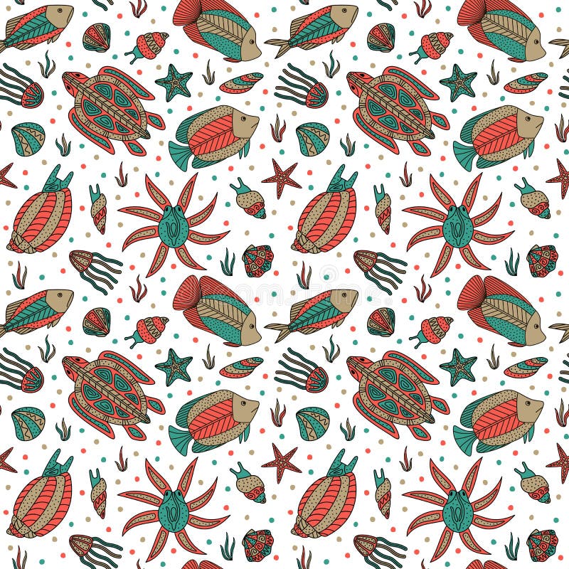Seamless Pattern with Magic Sea Creatures Stock Vector - Illustration ...