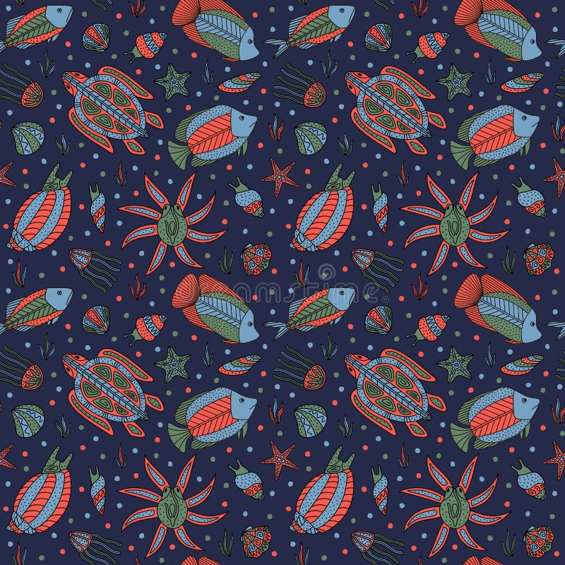 Seamless Pattern with Magic Sea Creatures Stock Vector - Illustration ...