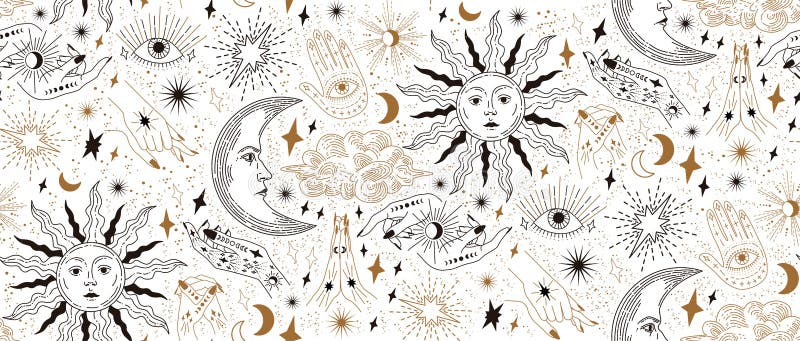 Seamless Pattern with Magical Elements. Set of Linear Vector ...