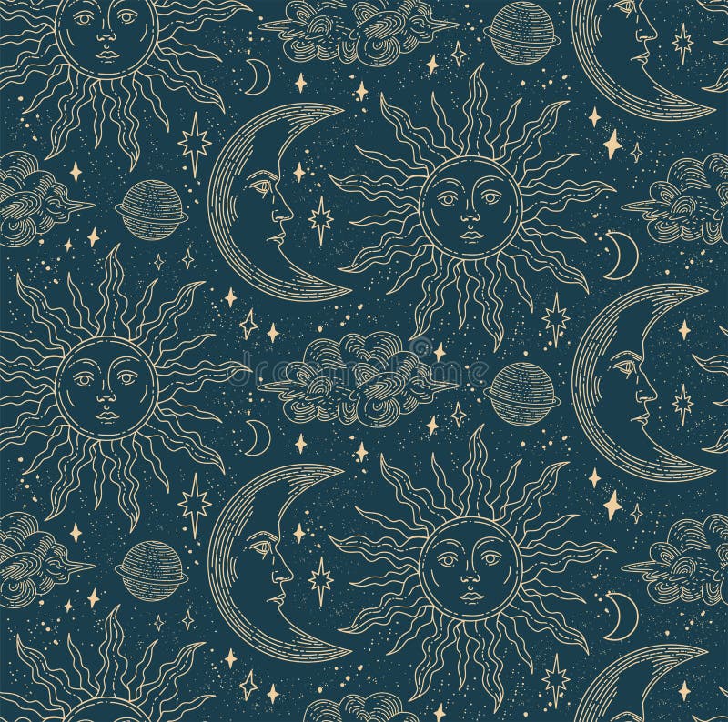 Seamless Pattern with Magical Elements. Set of Linear Vector ...