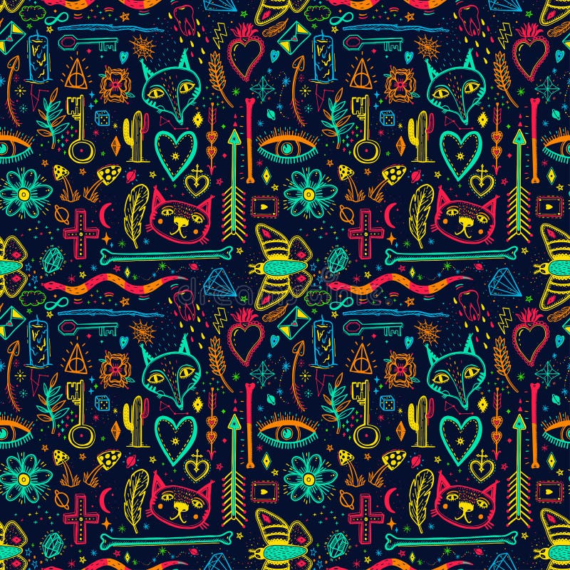 Seamless Pattern with Magical Pattern. Mystical Icon Hand Drawn Print ...