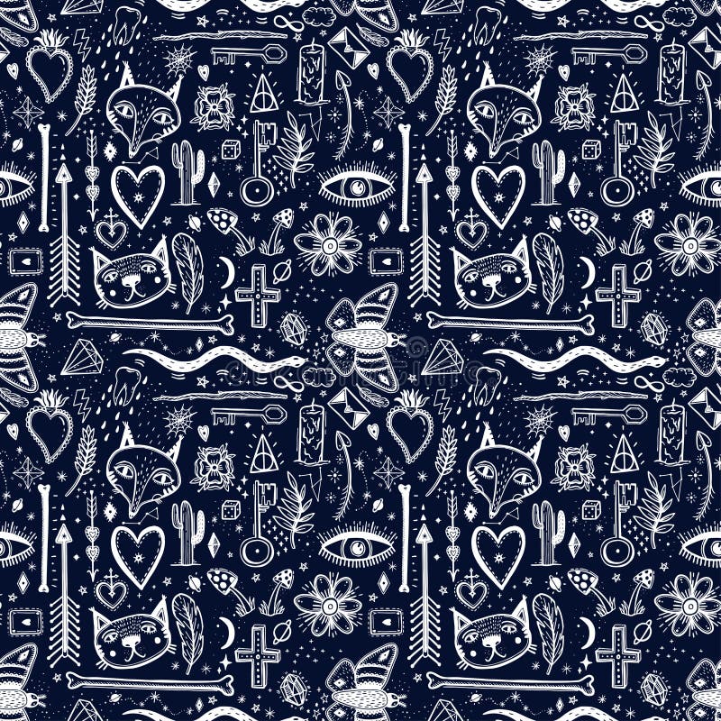 Seamless Pattern with Magical Pattern. Mystical Icon Hand Drawn Print ...