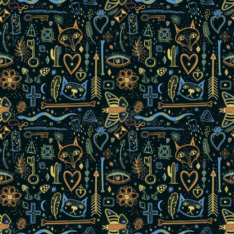 Seamless Pattern with Magical Pattern. Mystical Icon Hand Drawn Print ...