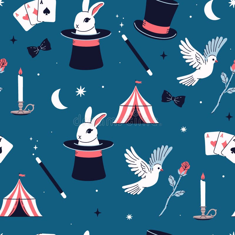Seamless Pattern with Magician Items Rabbit in Hat, Rose, Cards, Dove ...