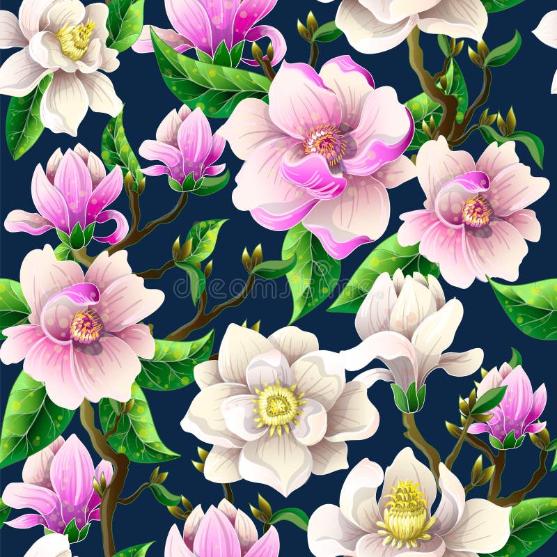 Seamless Pattern with Magnolia Flowers on a Blue Background. Vector ...