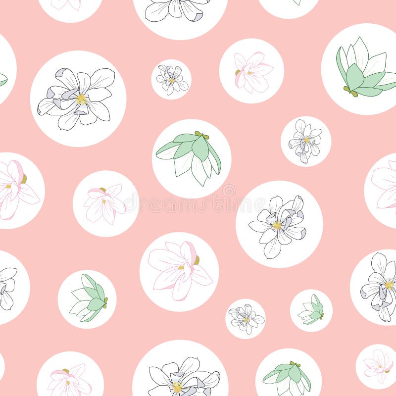 Seamless Pattern Magnolia Flowers in Bubbles on Pink Background Stock ...
