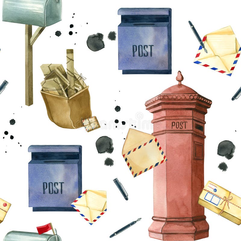 Seamless Pattern. Mailbox, Letters, Stationery, Ink. All Objects are ...