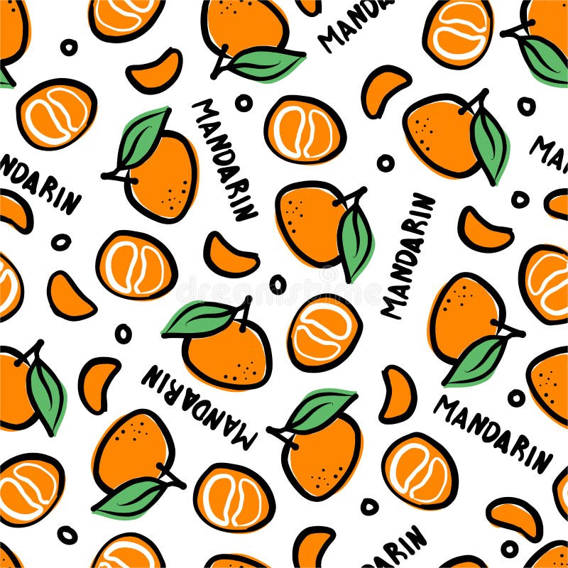 Seamless Pattern with Mandarin. Endless Hand Drawn Wallpaper on White ...
