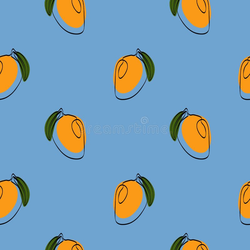 Seamless Pattern With Mango On Blue Background Continuous One Line