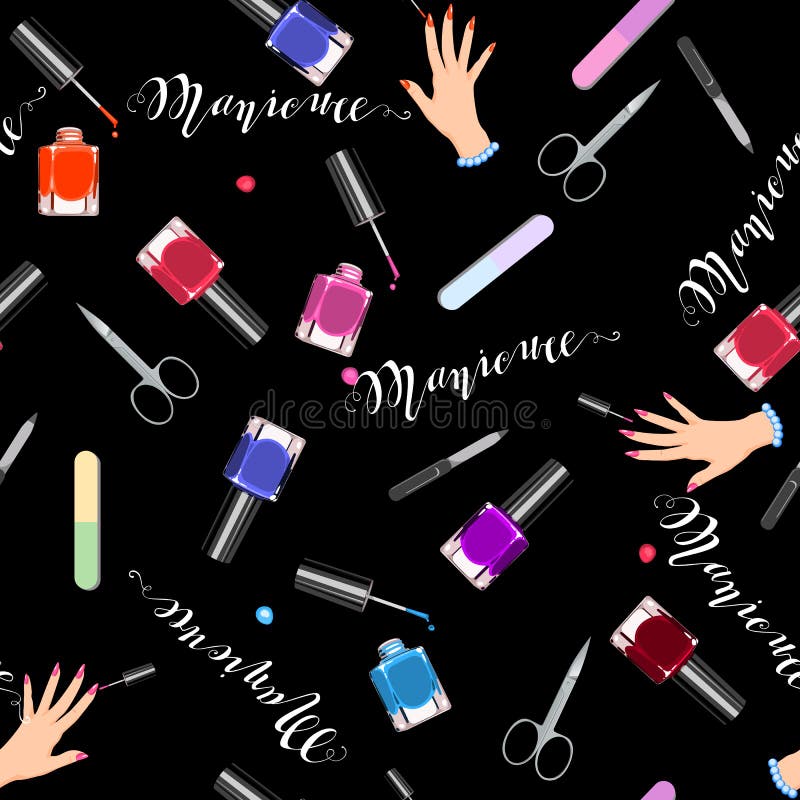 Seamless Pattern Manicure Tools On A White Background Vector Illustration Hand Drawing