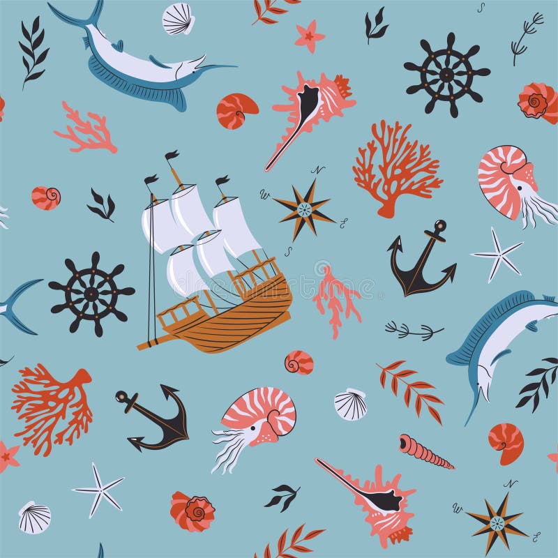 Seamless Pattern with Marine Items, Marine Animals, Ships. Vector ...